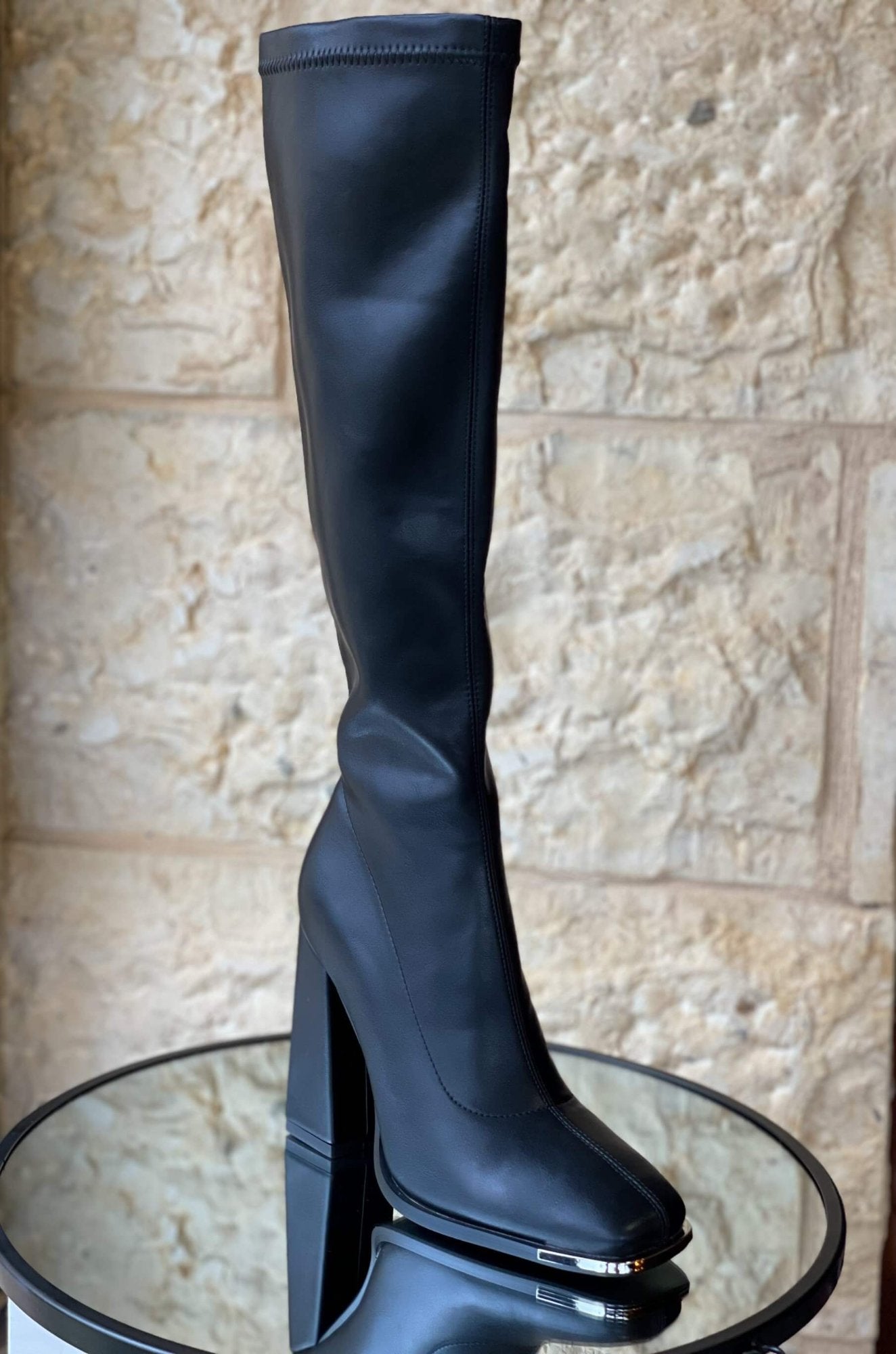 ZENDAYA Black High Heeled Boots - Block Heel, Corsetry Top